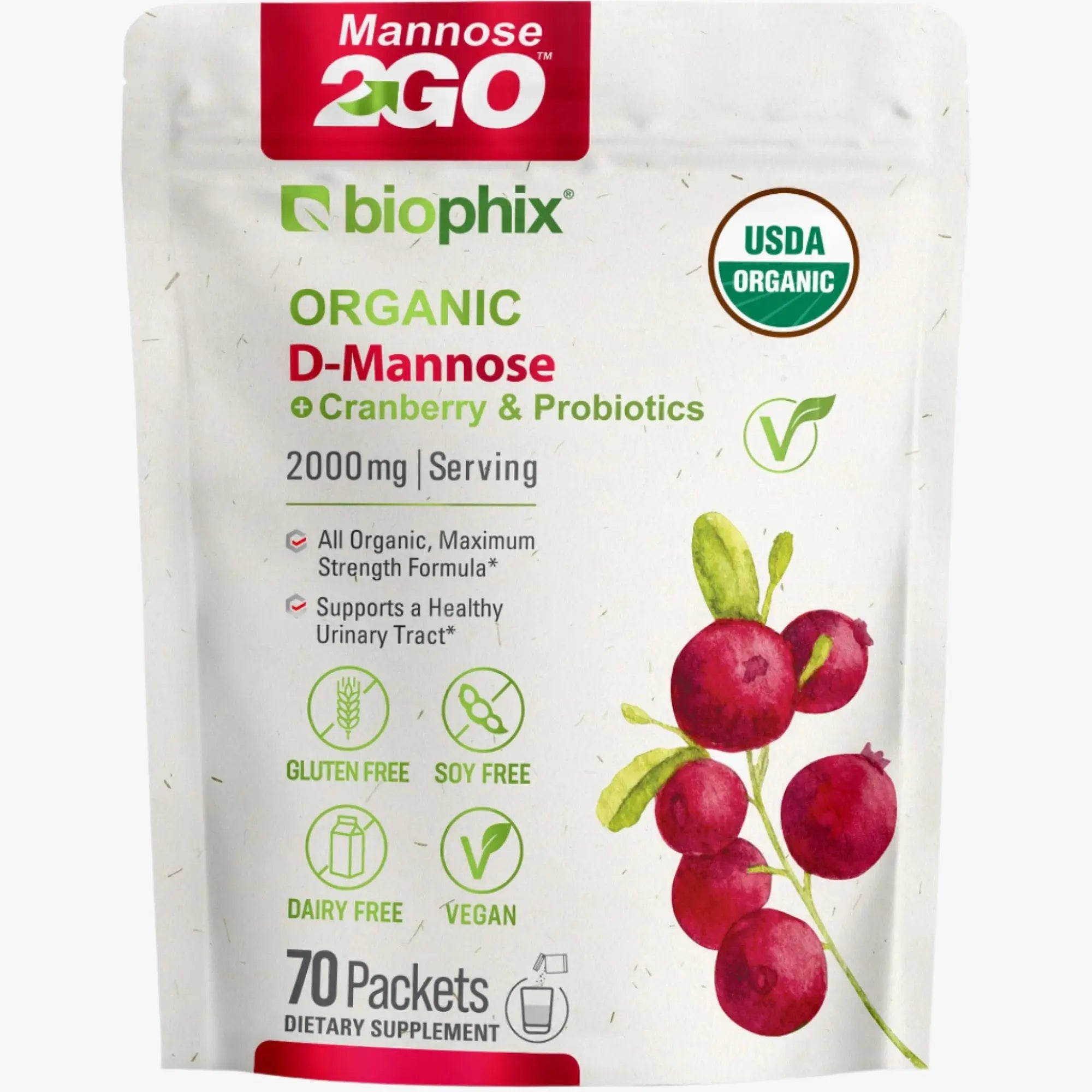 biophix Mannose2GO USDA Organic D-Mannose with Probiotics 2000 mg 70 ...